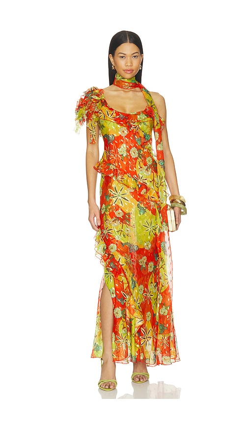 SIEDRES SIEDRES Monica Printed Chiffon Gown with Metallic Threading and Ruffles